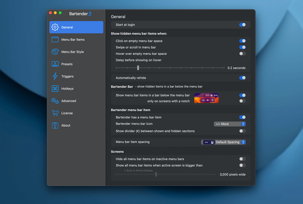 Bartender 6 Mac 菜单栏图标管理工具软件丨中文网站正版购买 – Bartender 是一款 macOS 菜单栏管理工具，它通过快速访问、自定义样式、分组、预设、触发器等功能，帮助 ...